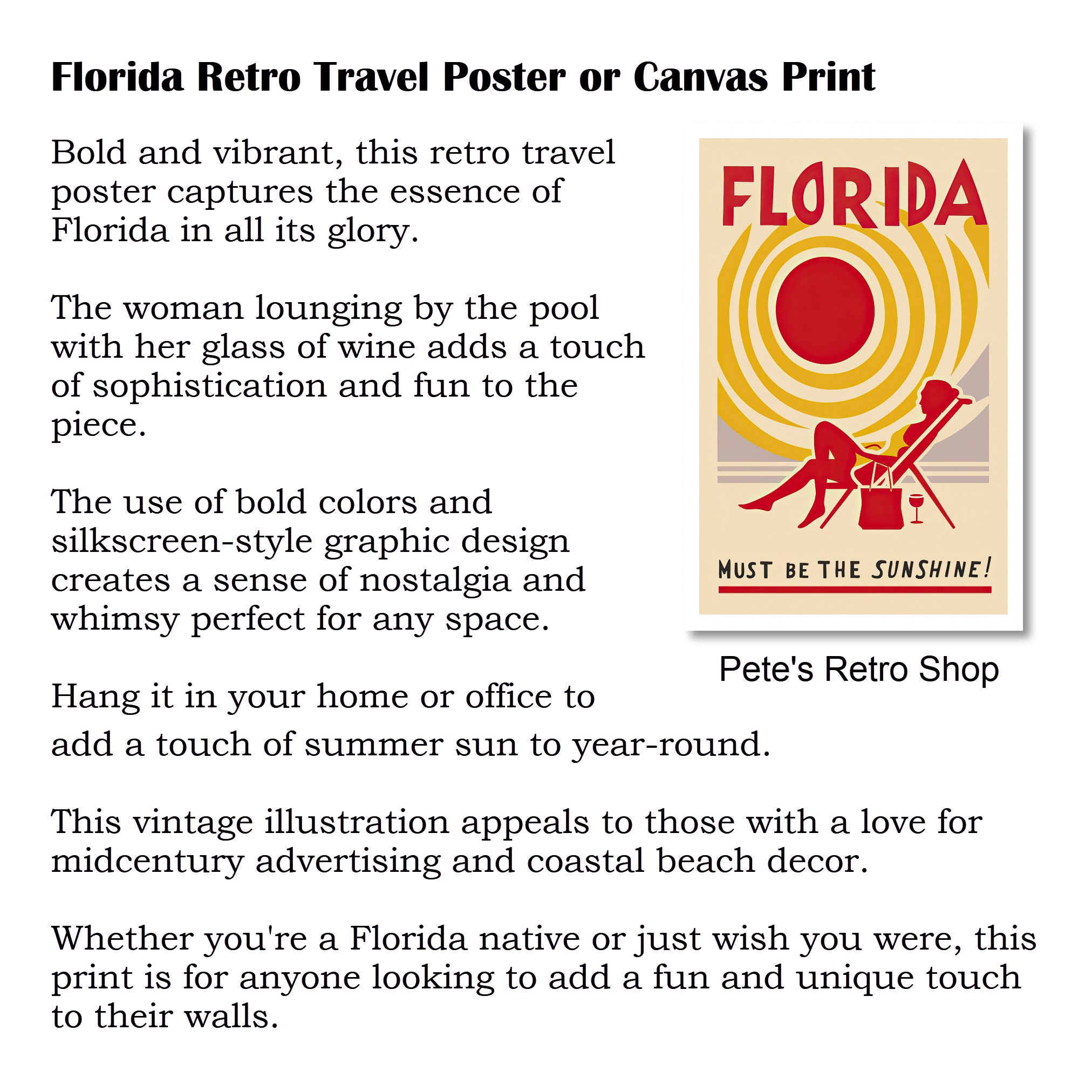 Florida Retro Travel Poster or Canvas Print. Vintage Summer Sun ...