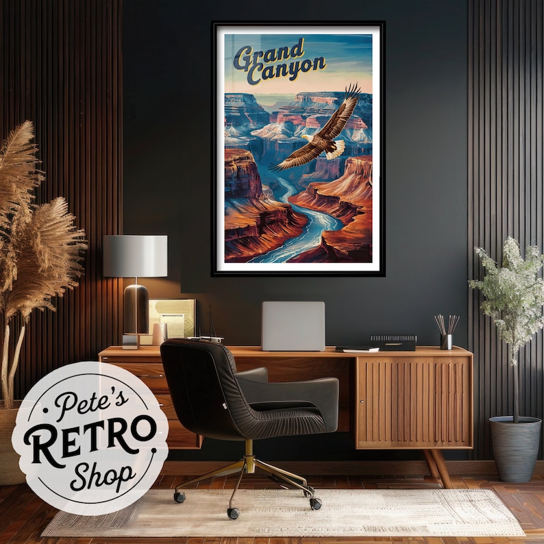 Grand Canyon Retro Travel Poster or Framed Canvas Print. Vintage Bald ...
