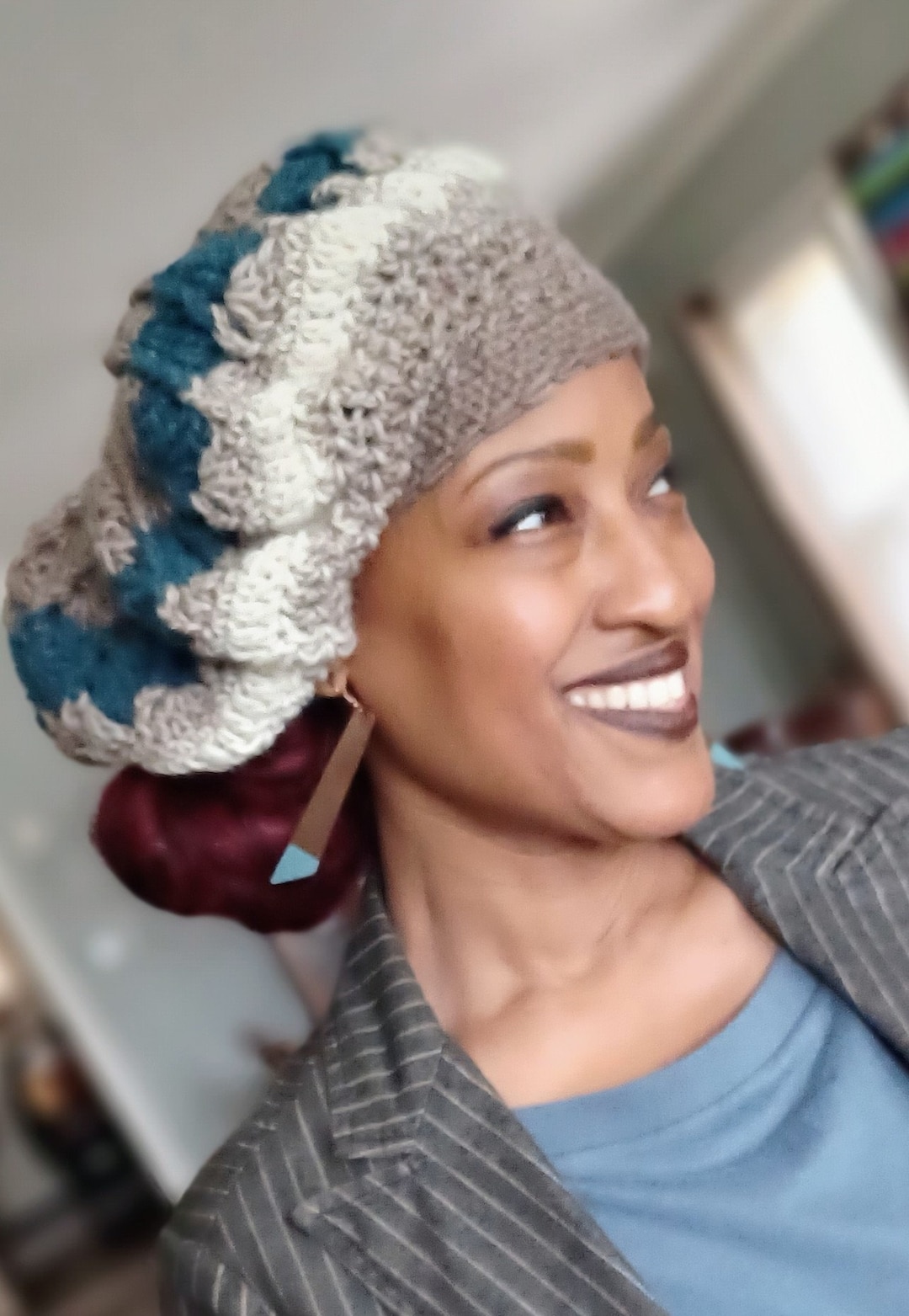 Cozy Beret Hat Ready to Wear gray/teal/cream - Etsy