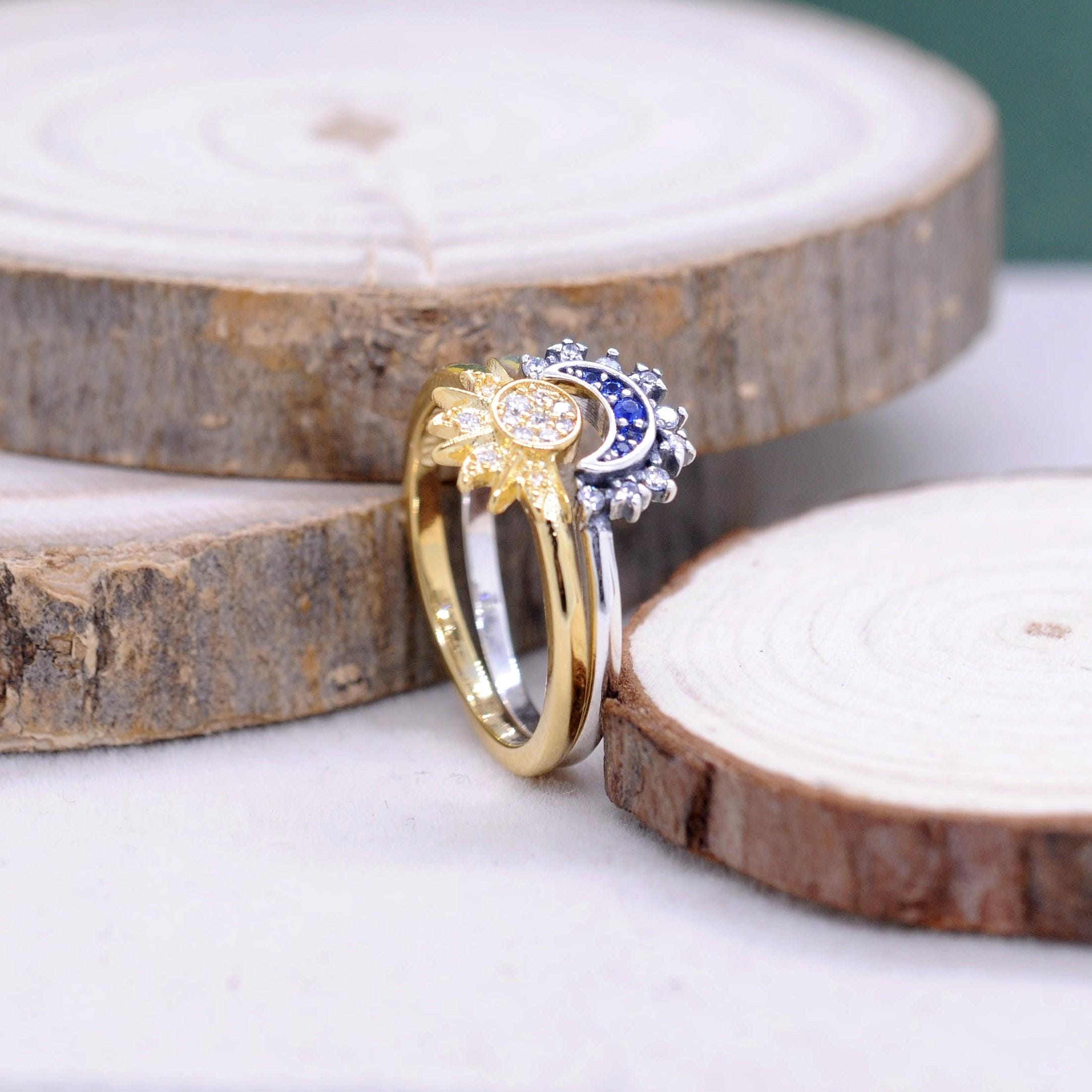 Celestial Blue Sparkling Moon Ring and Gold Celestial Sparkling Sun ...