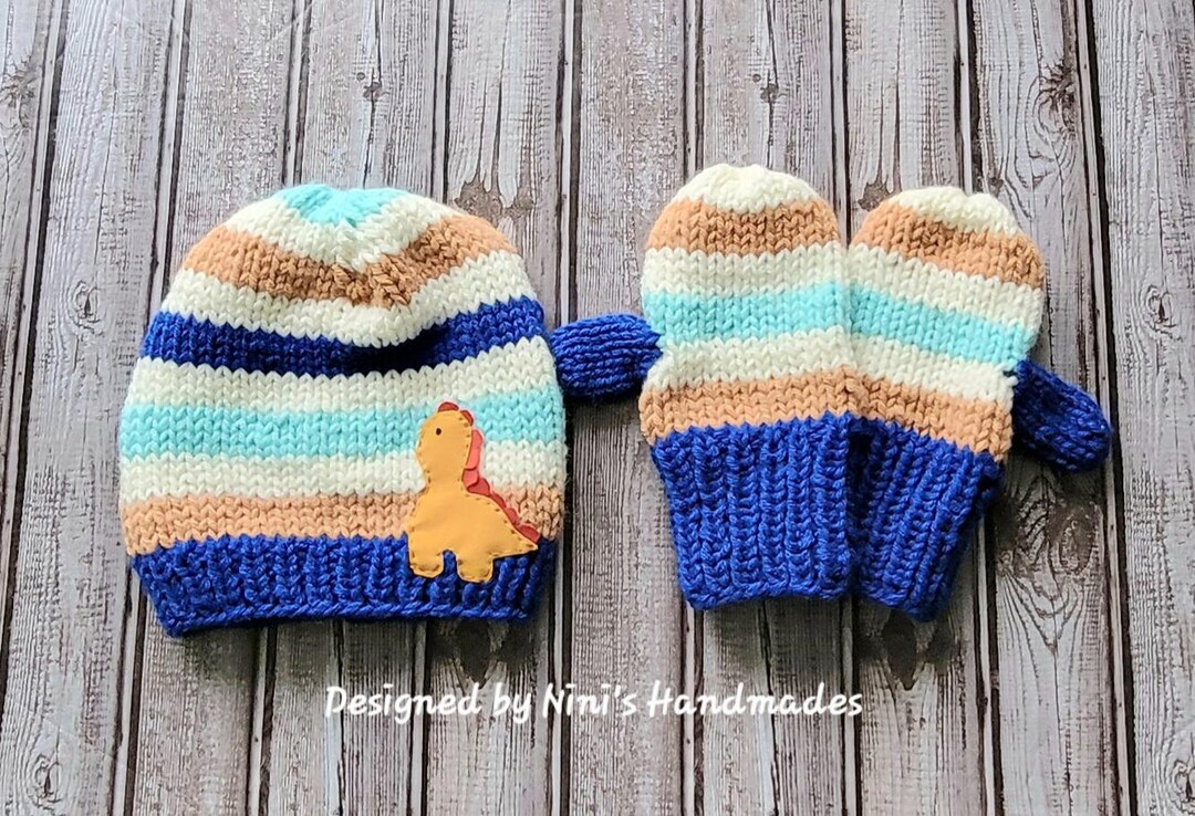Hand Knit Kids Dinosaur Hat and Mittens Set: Royal Creme & Pale Pumpkin ...