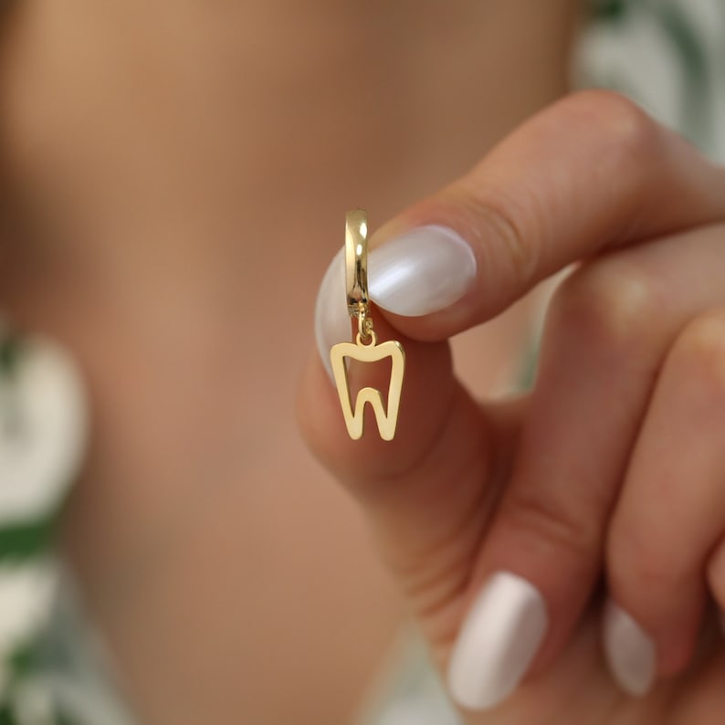 14k Solid Gold Tooth Earrings, Dainty Molar Dental Tooth Symbol Dentist ...
