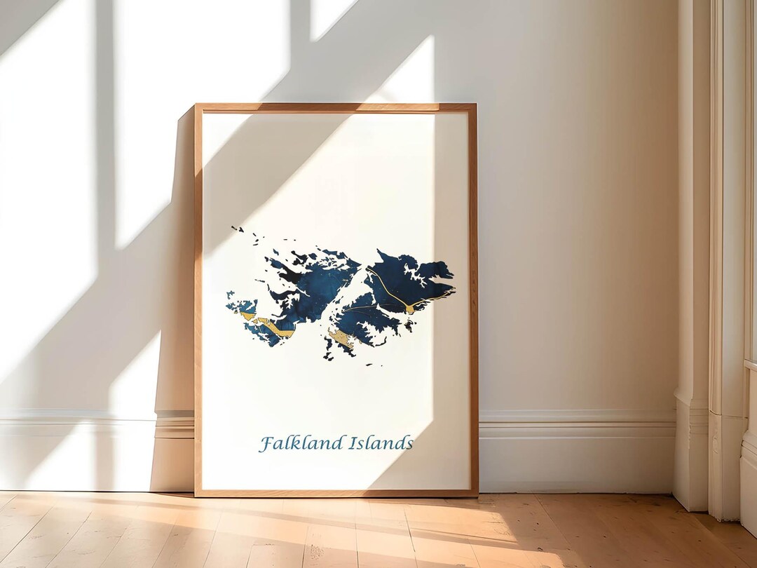 Falkland Islands Map Framed Blue & Gold Poster, Modern Wall Art, Travel ...
