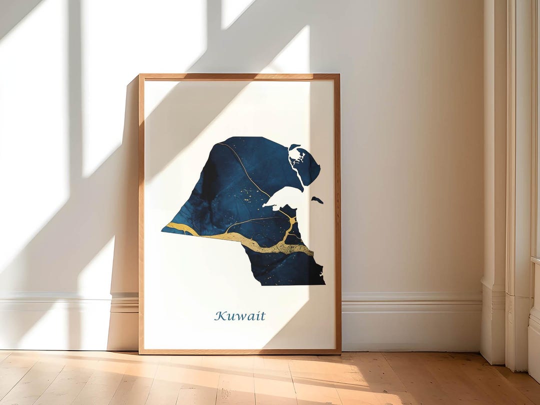 Kuwait Map Framed Blue & Gold Poster, Modern Wall Art, Travel Gifts ...