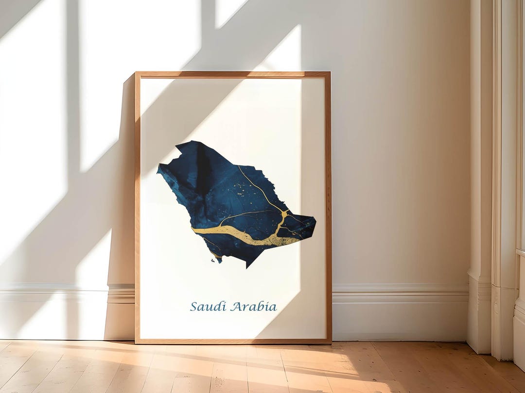 Saudi Arabia Map Framed Blue & Gold Poster, Modern Wall Art, Travel ...