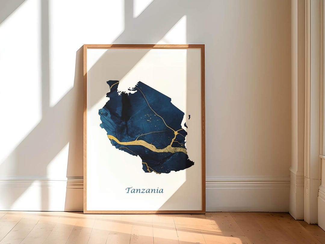 Tanzania Map Framed Blue & Gold Poster, Modern Wall Art, Travel Gifts ...