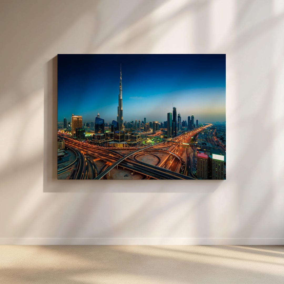 Dubai Skyline Canvas Wall Art, Burj Khalifa Night Cityscape Print, UAE ...