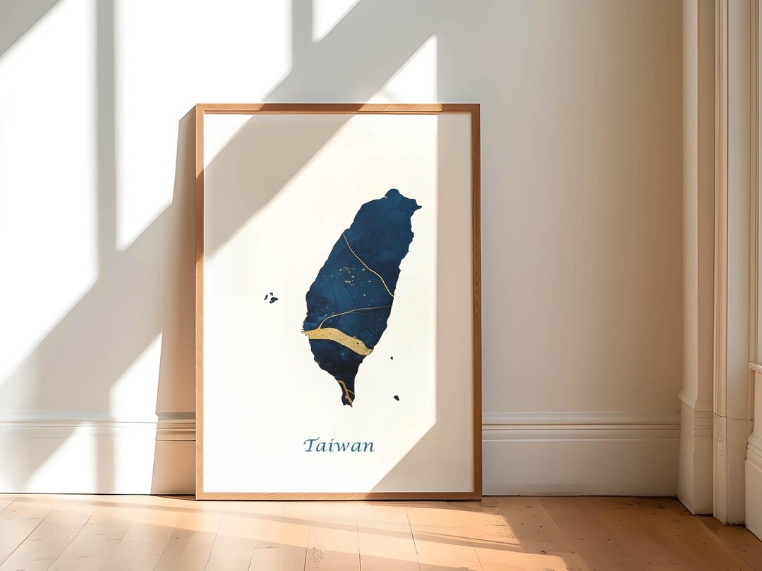 Taiwan Map Framed Blue & Gold Poster, Modern Wall Art, Travel Gifts ...