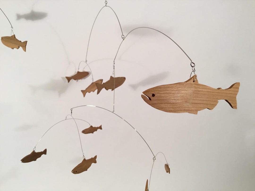 Modern "cedar Salmon" Fish Wood Mobile 42"w X 24"h Hanging Kinetic ...