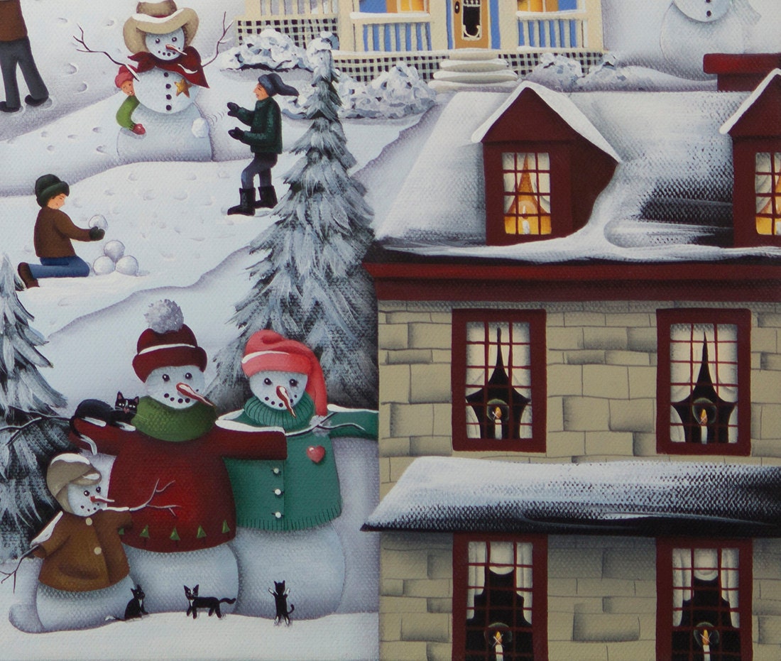 Folk Art Print Chimney Smoke and Cheery Snow Folk - Etsy