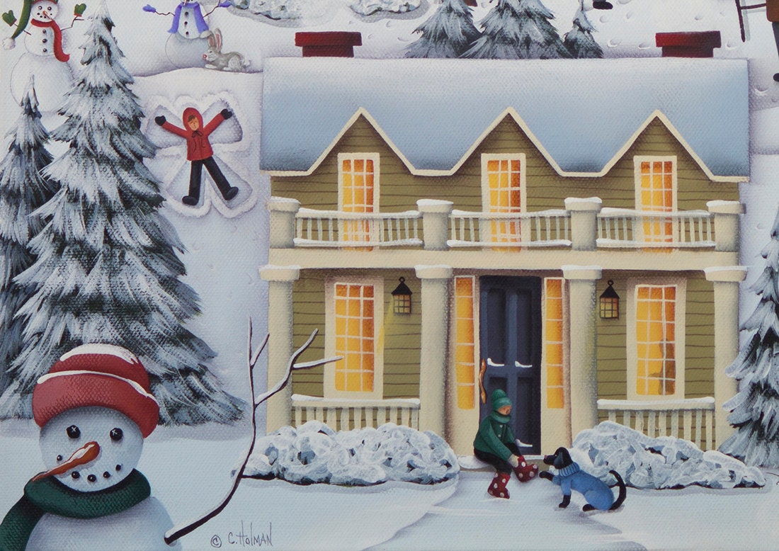 Folk Art Print Chimney Smoke and Cheery Snow Folk - Etsy