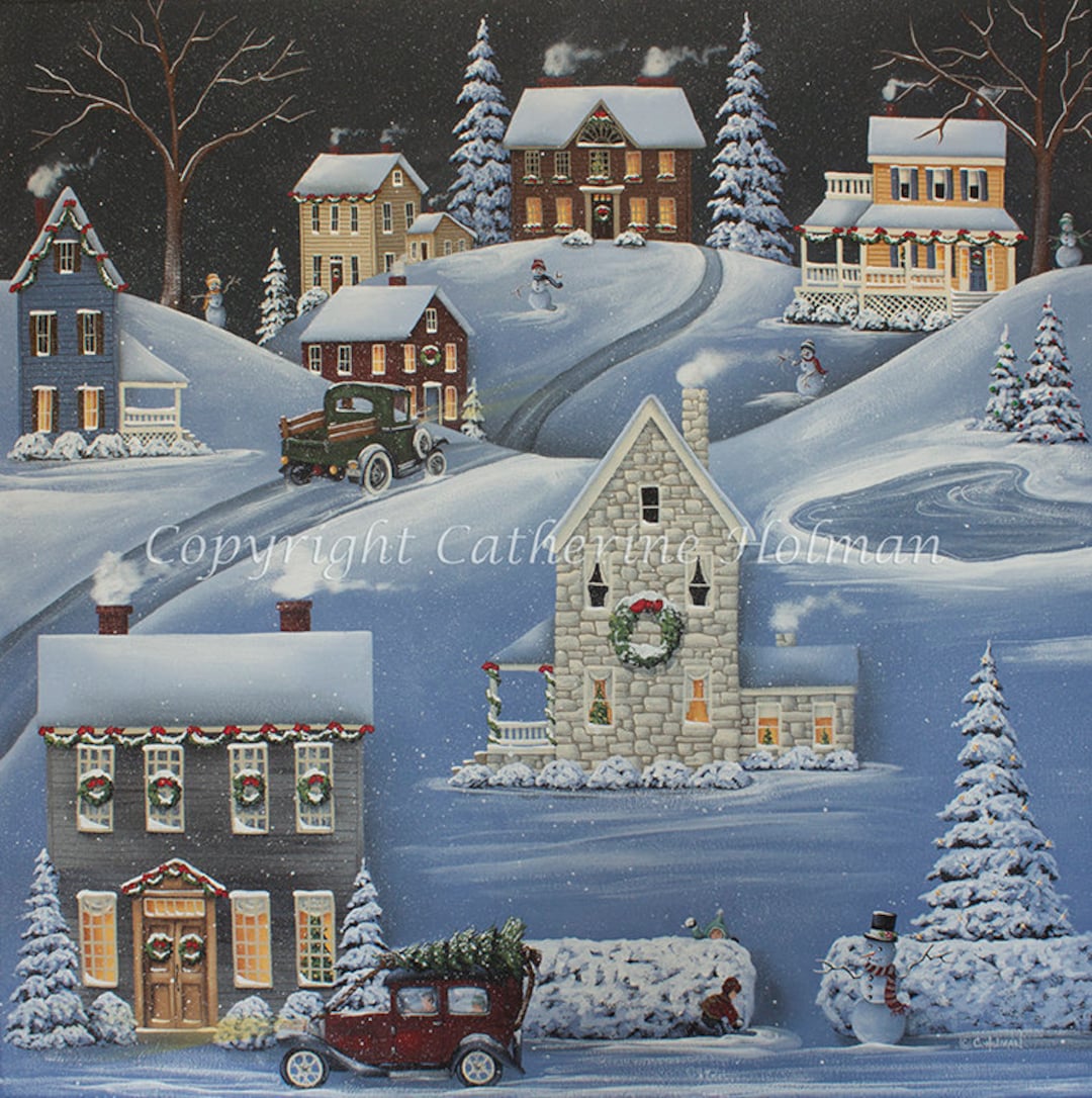 Christmas Folk Art Print Village of Winterset - Etsy