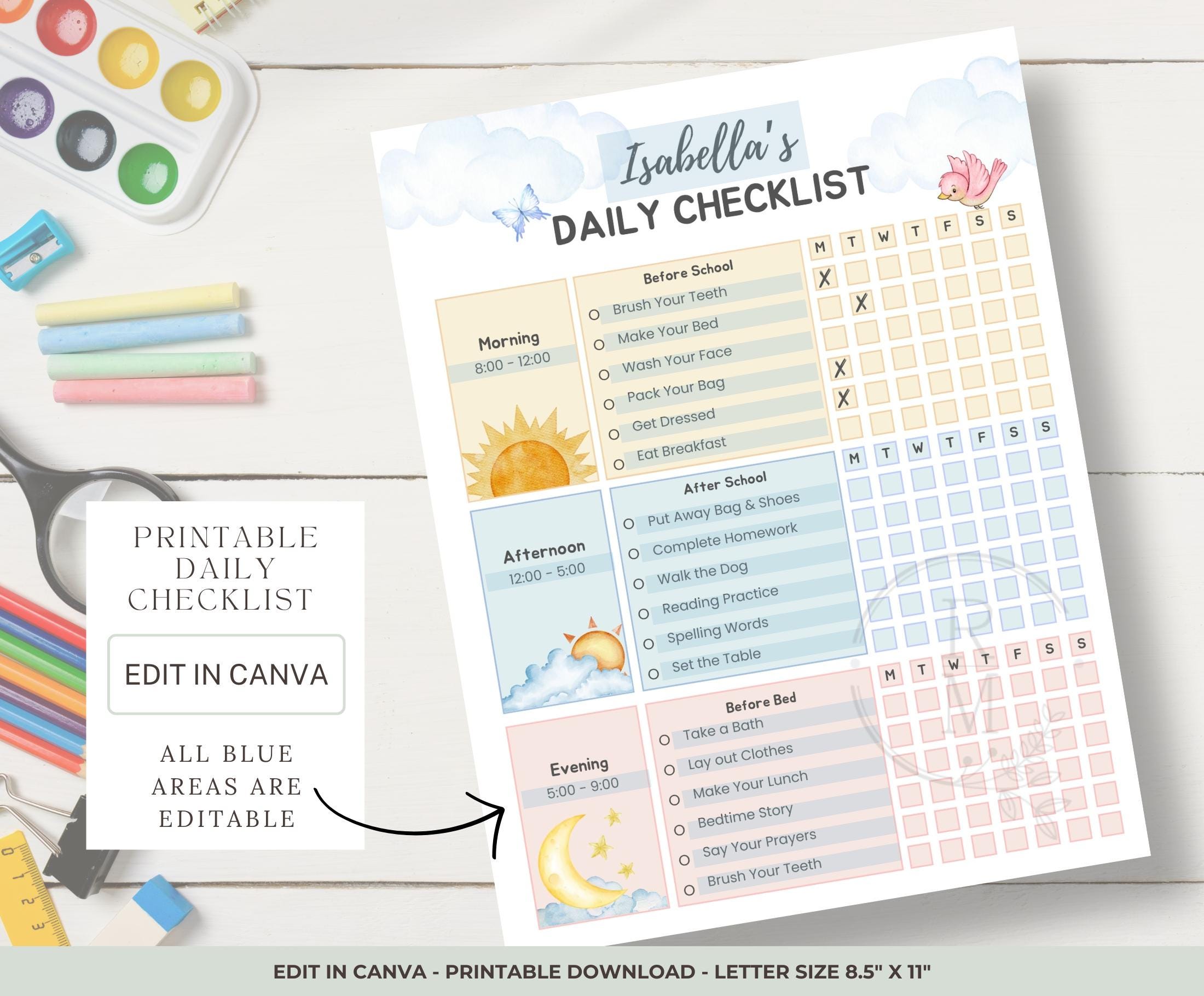 Kids Daily Checklist, Kids Planner, Responsibility Chart, Daily Routine ...
