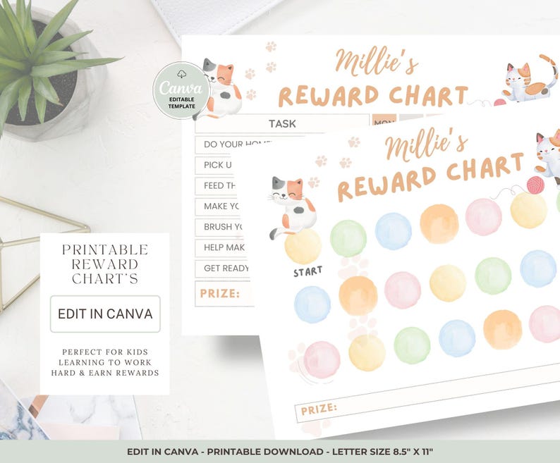 Cat Reward Chart, Sticker Chart, Toddler, Preschool Kids, Letter Size ...