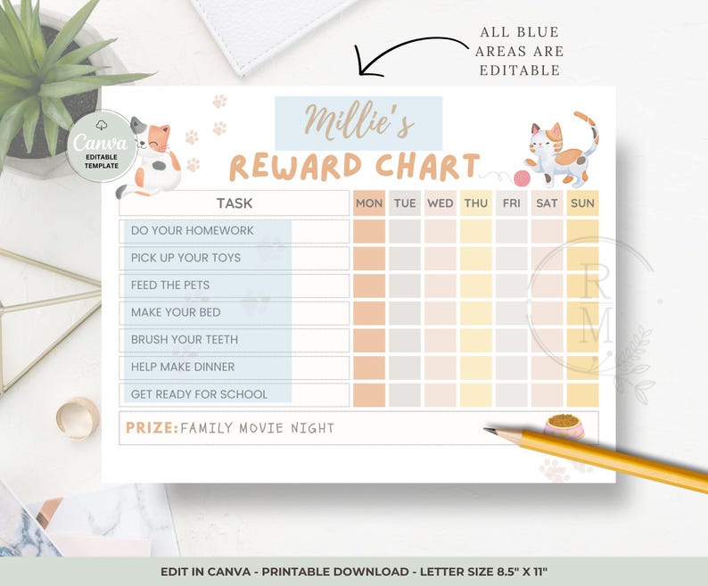 Cat Reward Chart, Sticker Chart, Toddler, Preschool Kids, Letter Size ...