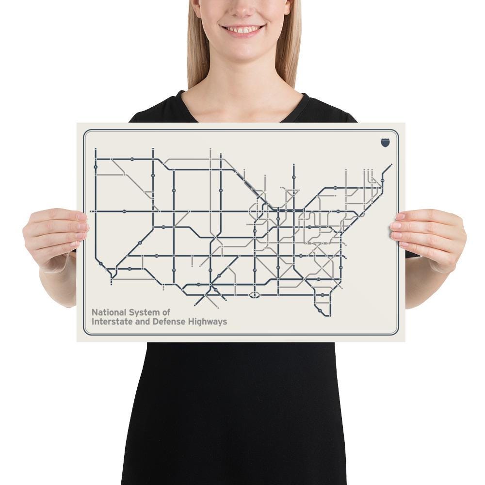 Vintage US Interstate Map Poster | Minimalist Metro-style Artwork ...