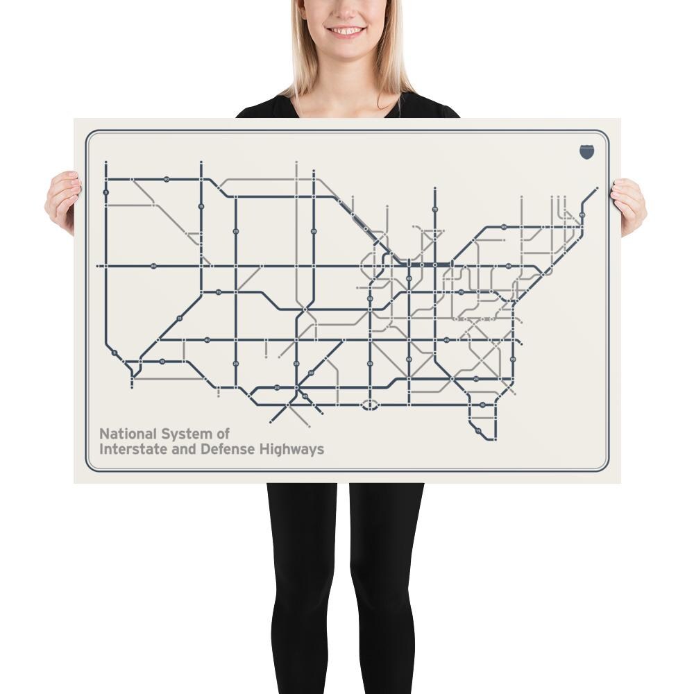 Vintage US Interstate Map Poster Minimalist Metro-style Artwork Retro ...
