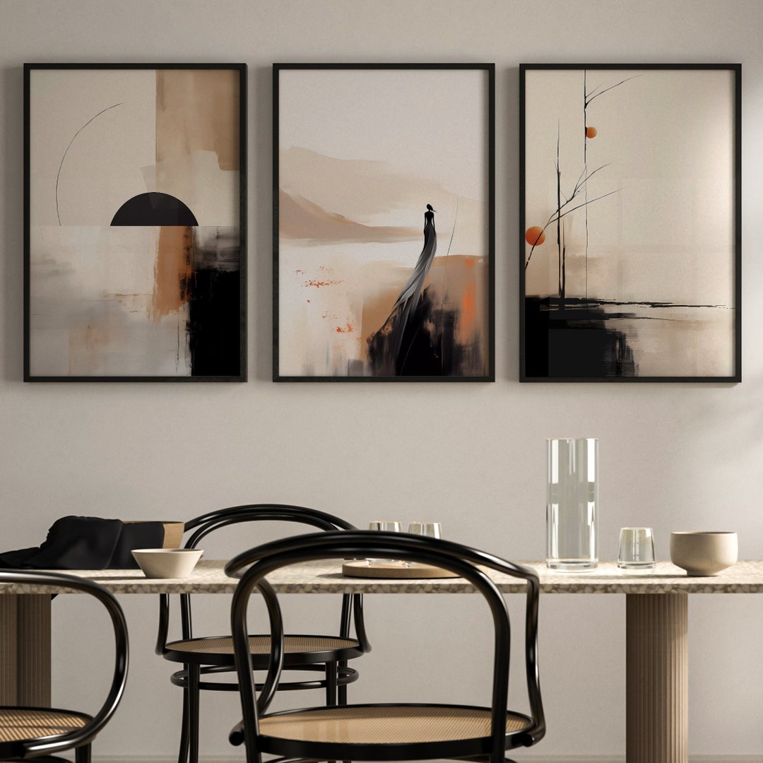 Japandi Abstract Art Prints, Beige Black Pink, Set of 3 (digital ...