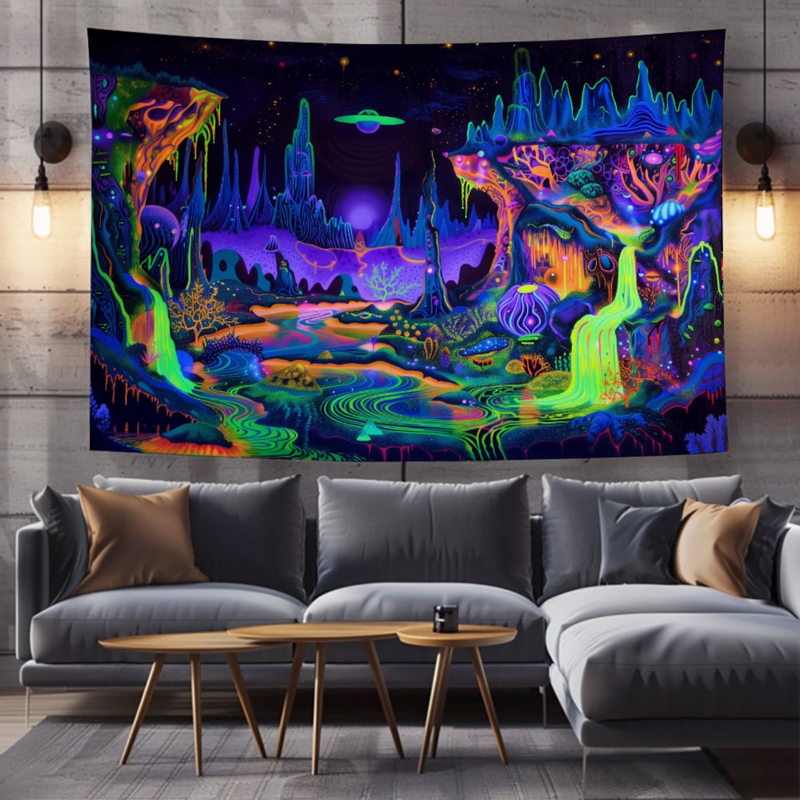 Glow in the Dark Alien Waterfall Tapestry, Fluorescent Alien Planet ...