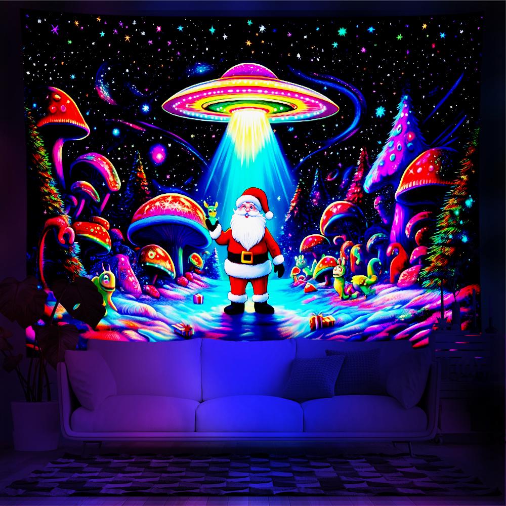 Glow-in-the-dark Alien Santa Wall Tapestry, Psychedelic Cosmic Santa ...