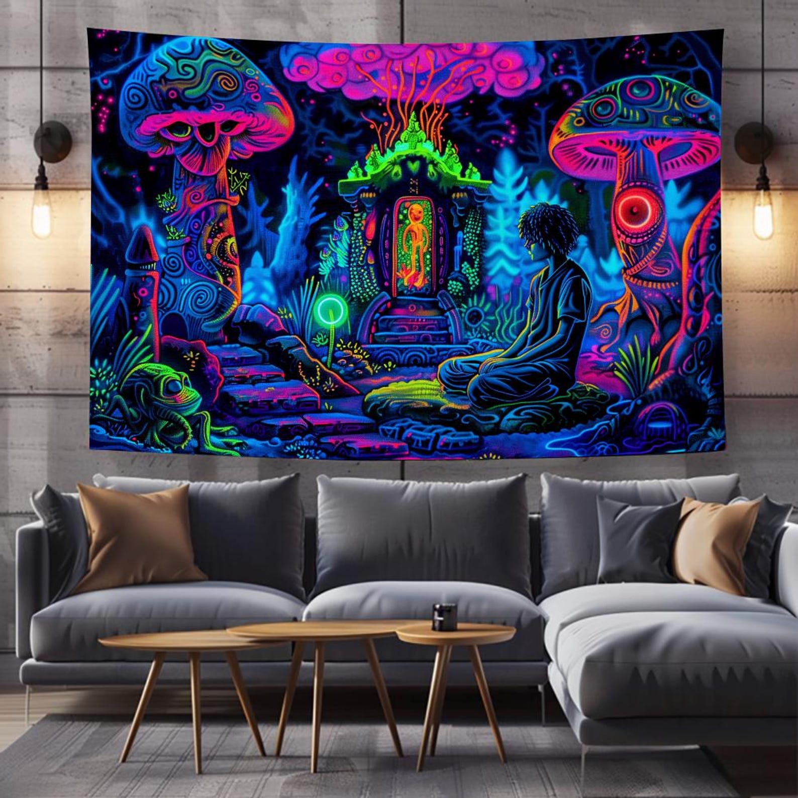 Mysterious Underground Crypt Wall Tapestry, Black Light Mushroom Decor ...