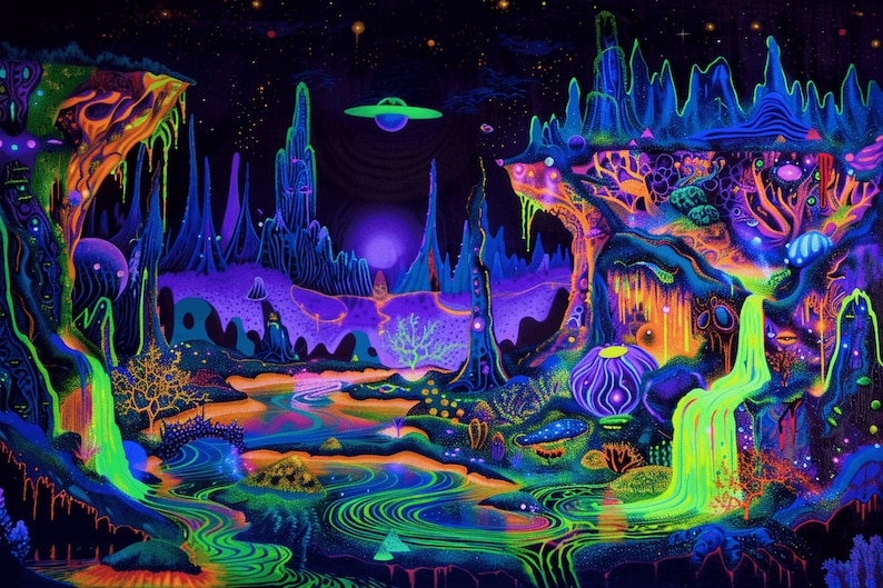 Glow in the Dark Alien Waterfall Tapestry, Fluorescent Alien Planet ...