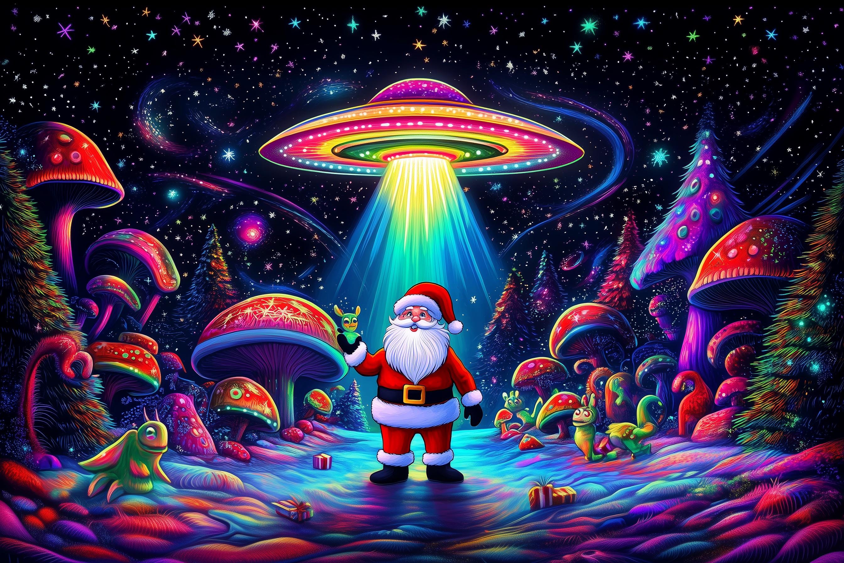 Glow-in-the-dark Alien Santa Wall Tapestry, Psychedelic Cosmic Santa ...