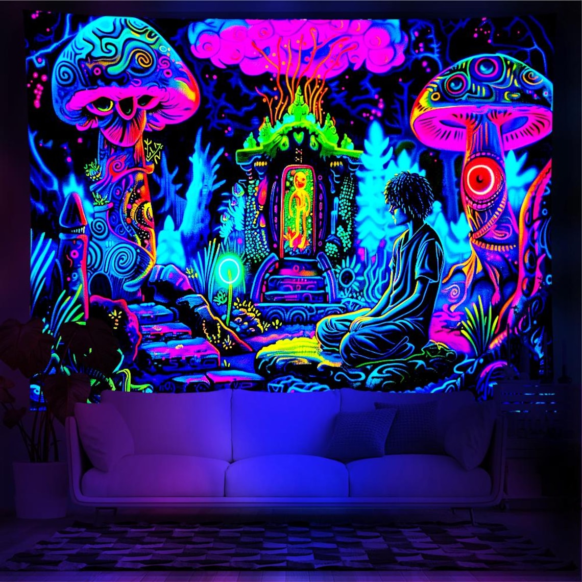 Mysterious Underground Crypt Wall Tapestry, Black Light Mushroom Decor ...