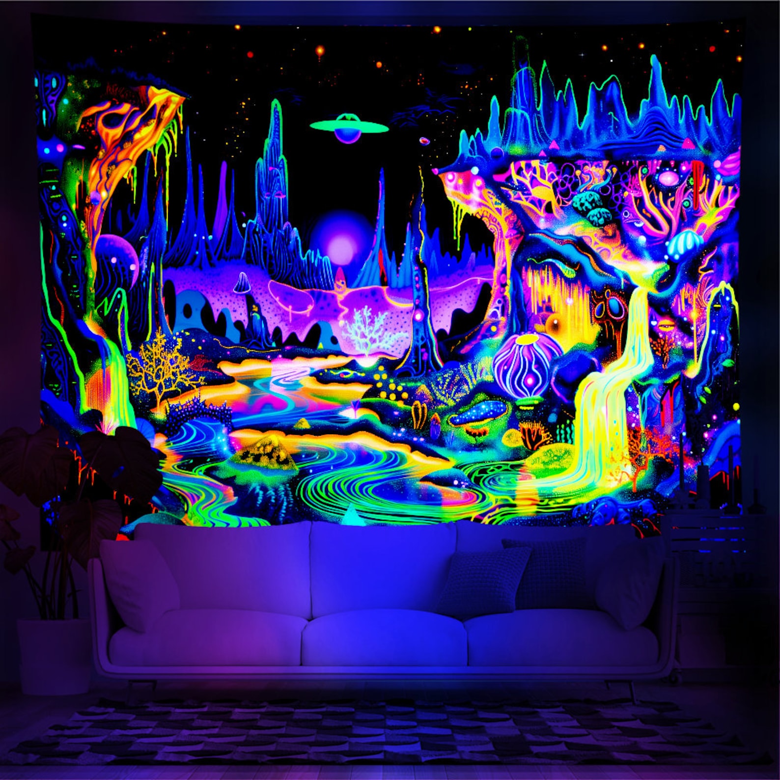Glow in the Dark Alien Waterfall Tapestry, Fluorescent Alien Planet ...