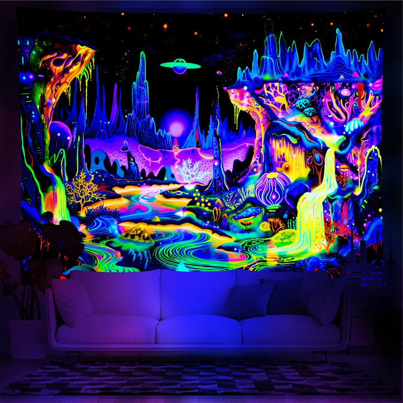 Glow in the Dark Alien Waterfall Tapestry, Fluorescent Alien Planet ...