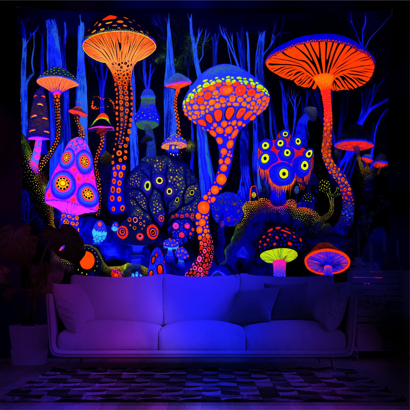 Magical Mushroom UV Tapestry, Blacklight Reative Wall Art, Psychedelic ...