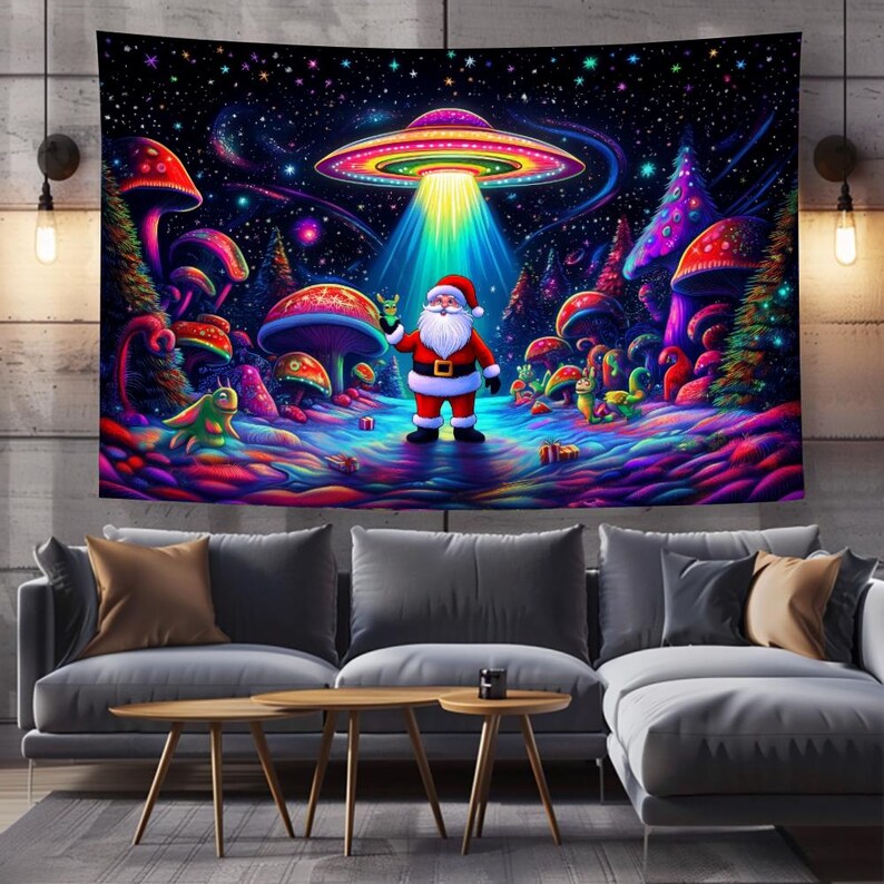 Glow-in-the-dark Alien Santa Wall Tapestry, Psychedelic Cosmic Santa ...