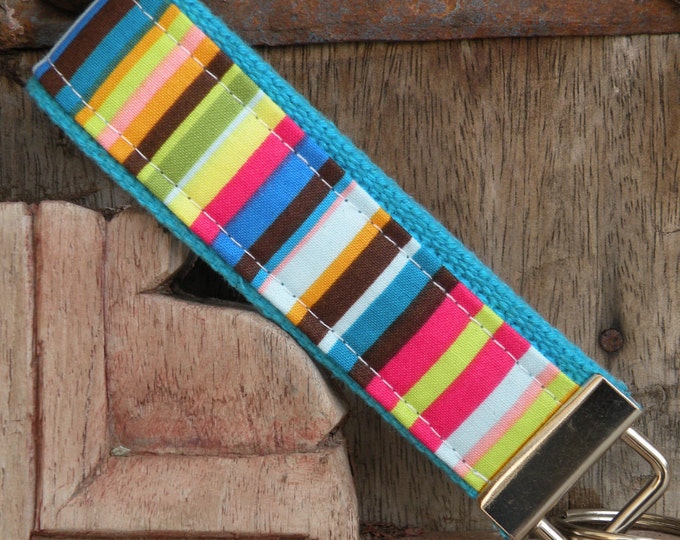 READY TO Ship-beautiful Key Fob/keychain/wristlet-multi Stripes on Turq ...