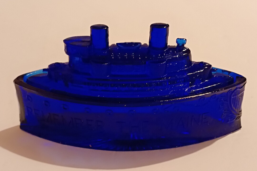Cobalt Blue Glass REMEMBER THE MAINE Navy Ship Trinket Collector's Dish ...