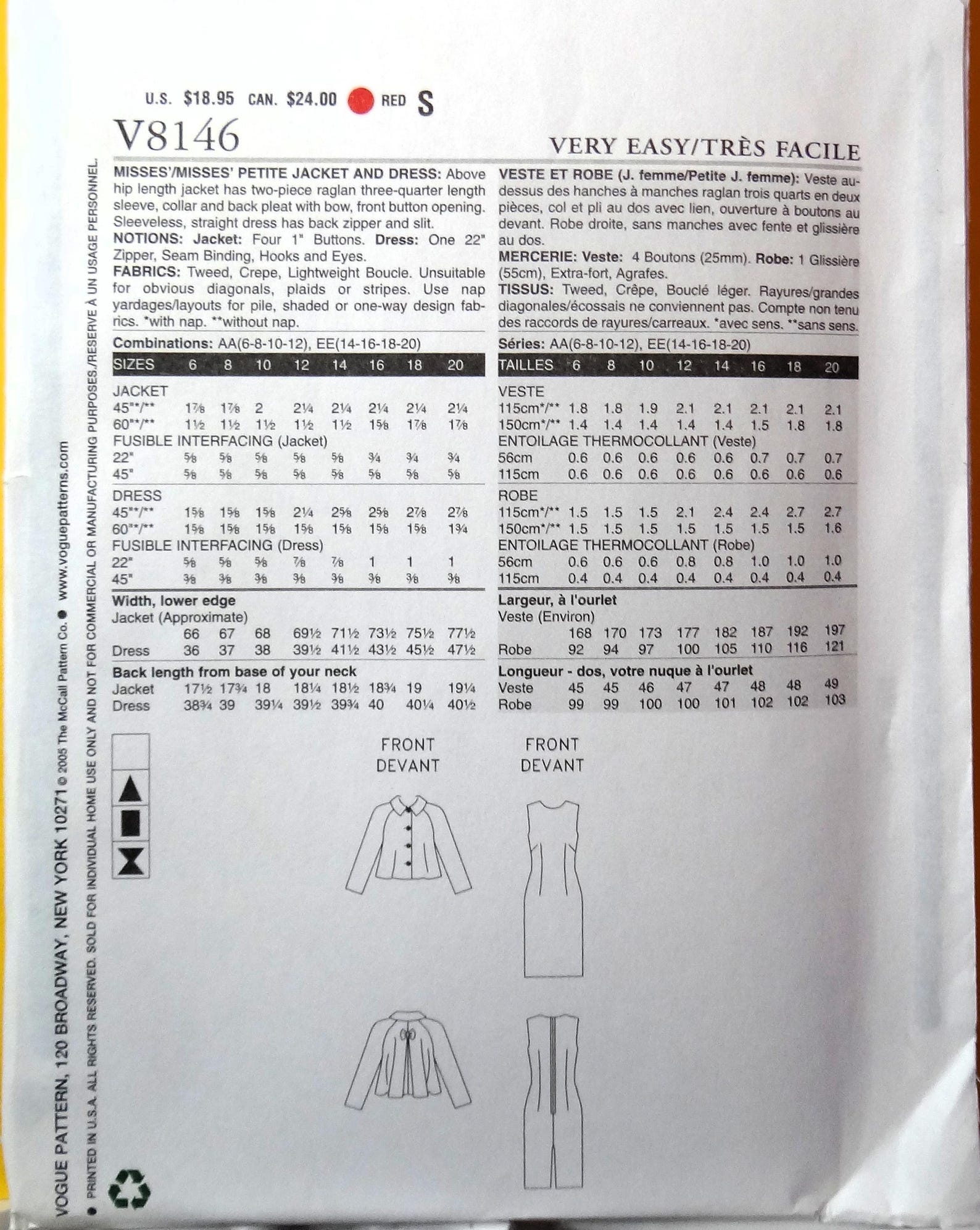 Vogue 8146 Very Easy Vogue Pattern - Misses' Above Hip Length Jacket ...