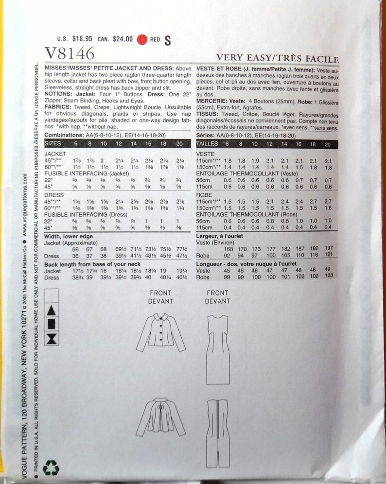 Vogue 8146 Very Easy Vogue Pattern - Misses' Above Hip Length Jacket ...