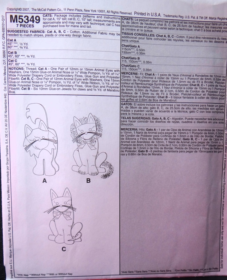 Mccall's 5349 - Patterns for Stuffed Cat "parlor Pets" - Dated 2007 - Etsy