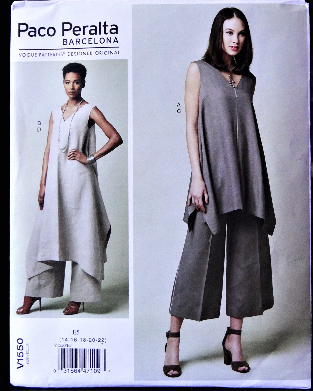 Vogue 1550 - Designer Original Pattern - Paco Peralta / Barcelona - Tunic / Pants - E5 Sizes 14 ...