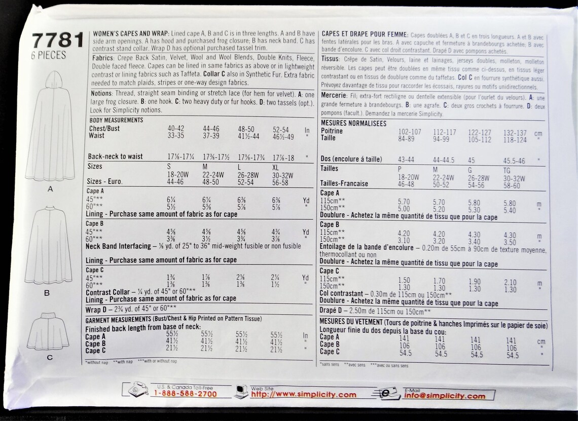 Simplicity Pattern 7781 Easy to Sew Women's Lined Capes | Etsy