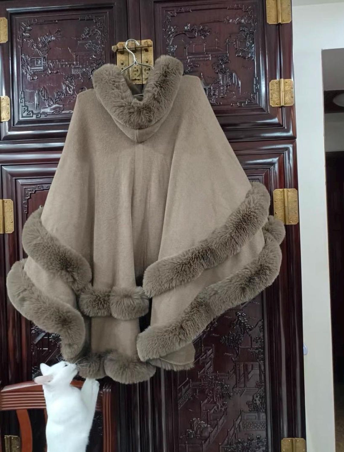 Elegant Faux Fur Trim Hooded Cape – Warm Winter Poncho Coat for Women ...