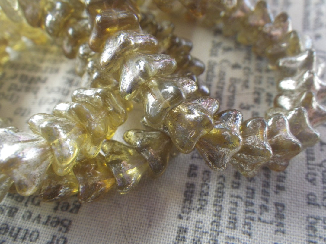 Pale Olive With Pearlescent Silver Finish Bellflower 8x5mm Beads 25 Pcs ...