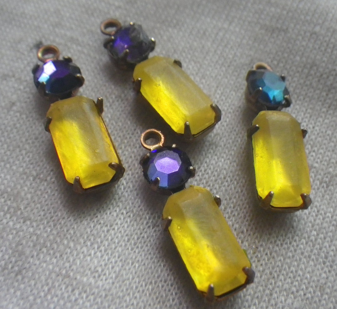 Matte Neon Yellow and Heliotrope 10x5mm Square Octagon Vintage Glass ...