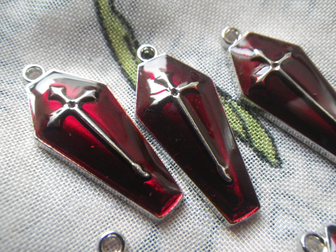 Vampire Coffin Charm Enameled Charm Red and Bright Silver 25x12mm 6 Pcs ...