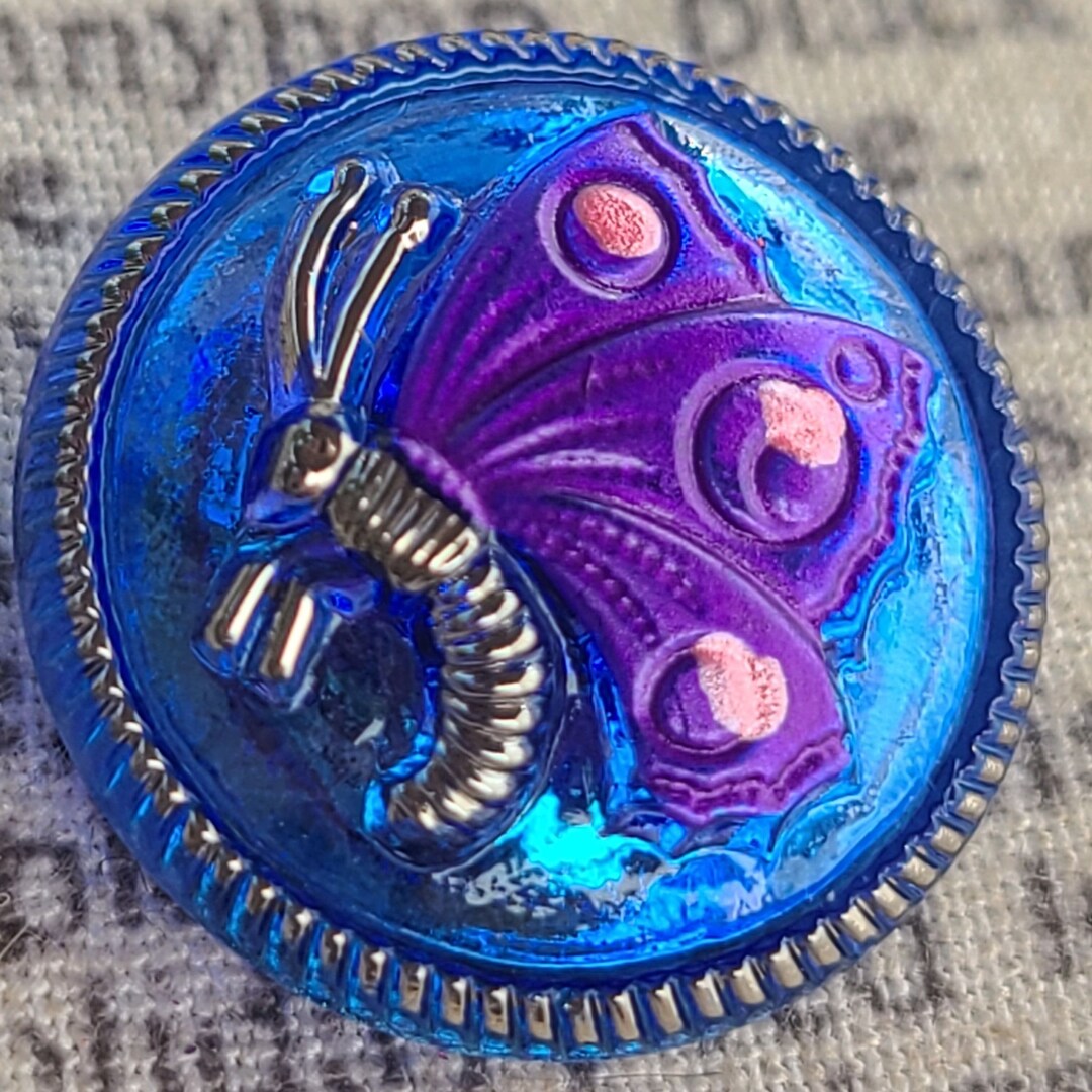 Butterfly Vintage Repro Czech Button Cobalt With AB Finish and Purple ...