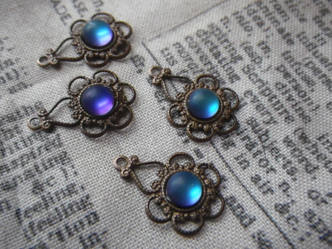 Peony Filigree With Matte Helio Blue Chatons Brass Ox Drops 4 | Etsy