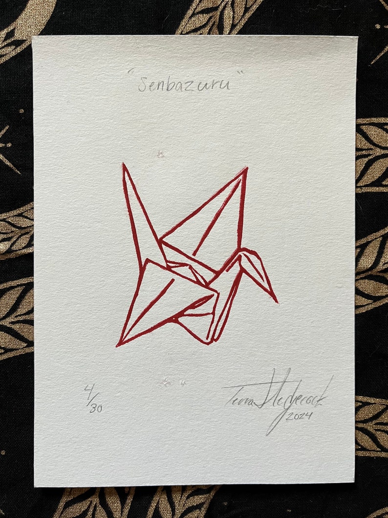 Senbazuru Minimalist Block Print of an Origami Crane Red Linocut of a ...