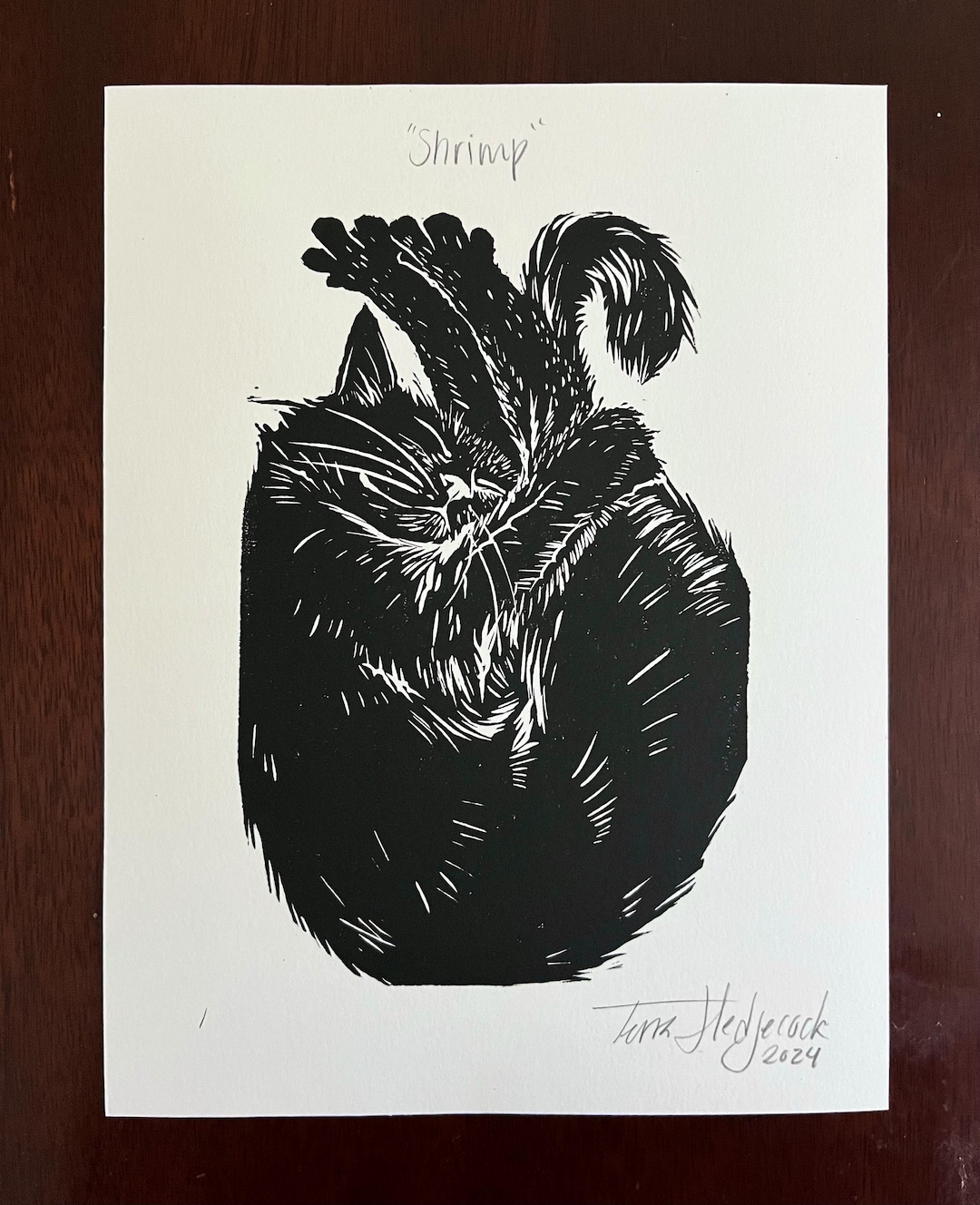 Shrimp Cat Linocut Print, Cute Black Cat, Original Animal Linocut ...