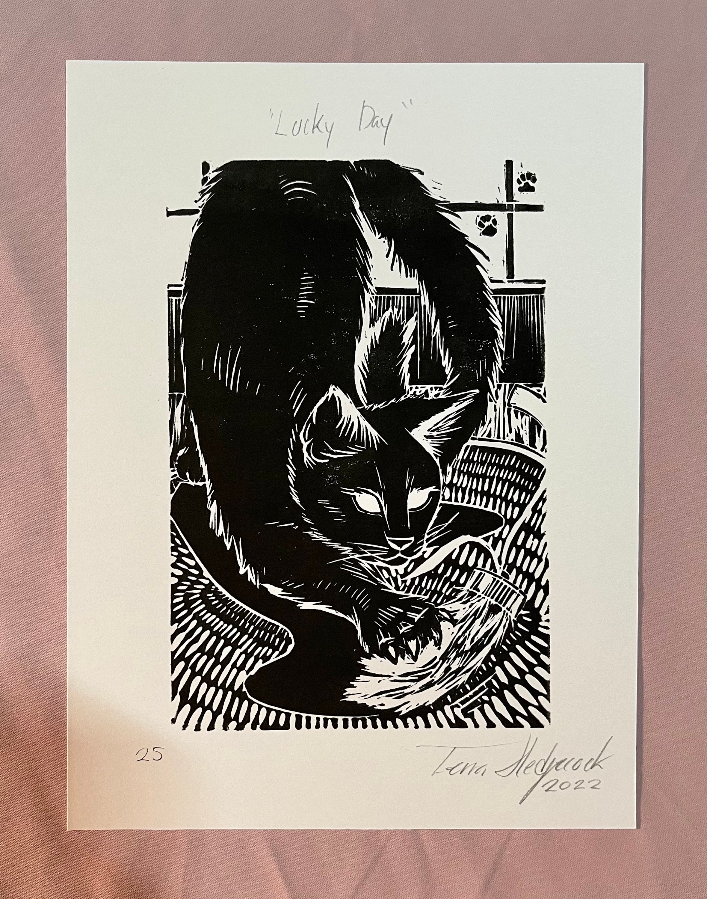 Handmade Linocut Print of Black Cat, Cute Cat Art, Fine Art Print ...
