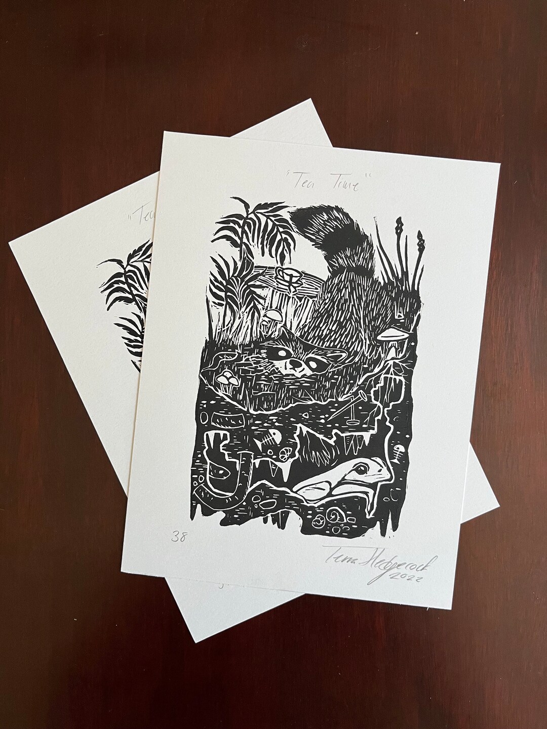 Linocut of Raccoon Having Tea Time • Cute Original Animal Illustration ...