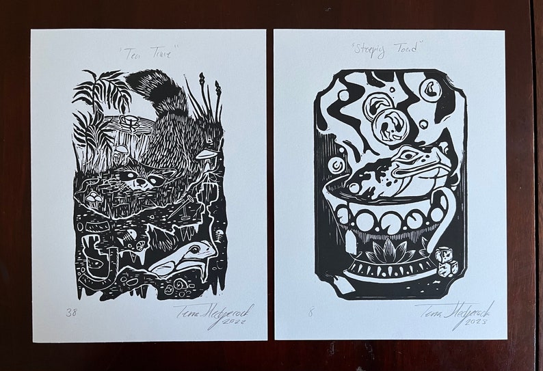 Toad Tea Time Print Set • Set of Two Cute Linocut Prints of a Toad and ...